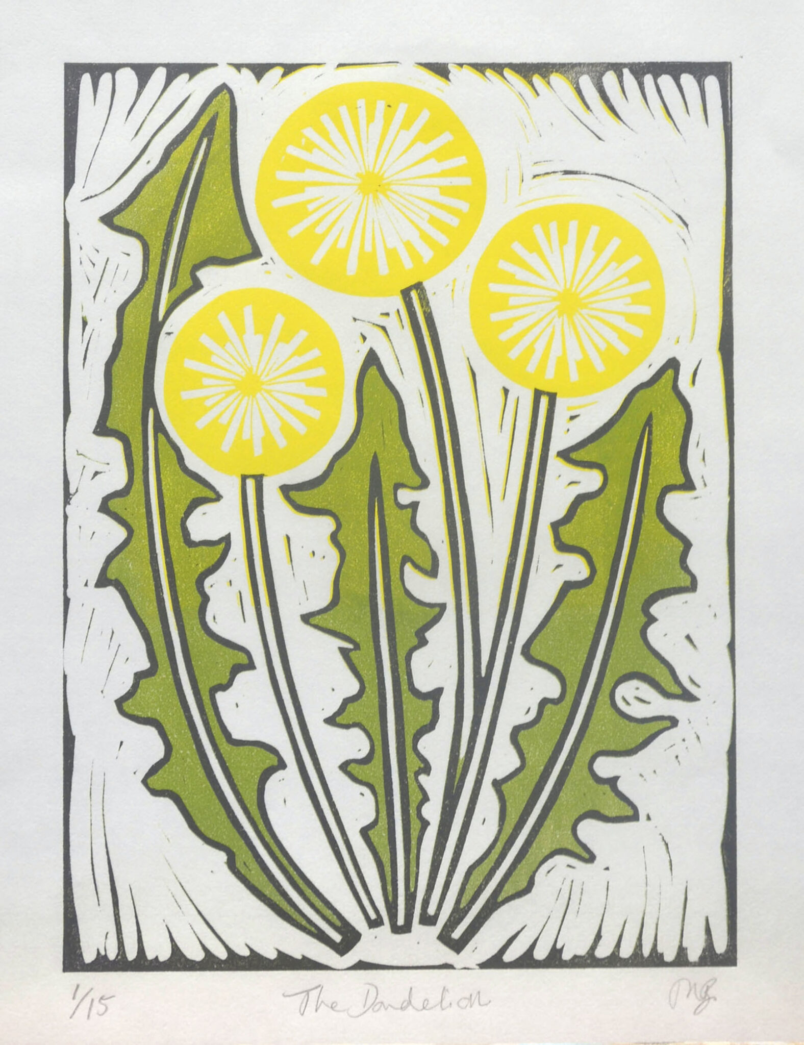 Hand printed linocut artwork “The Dandelion”